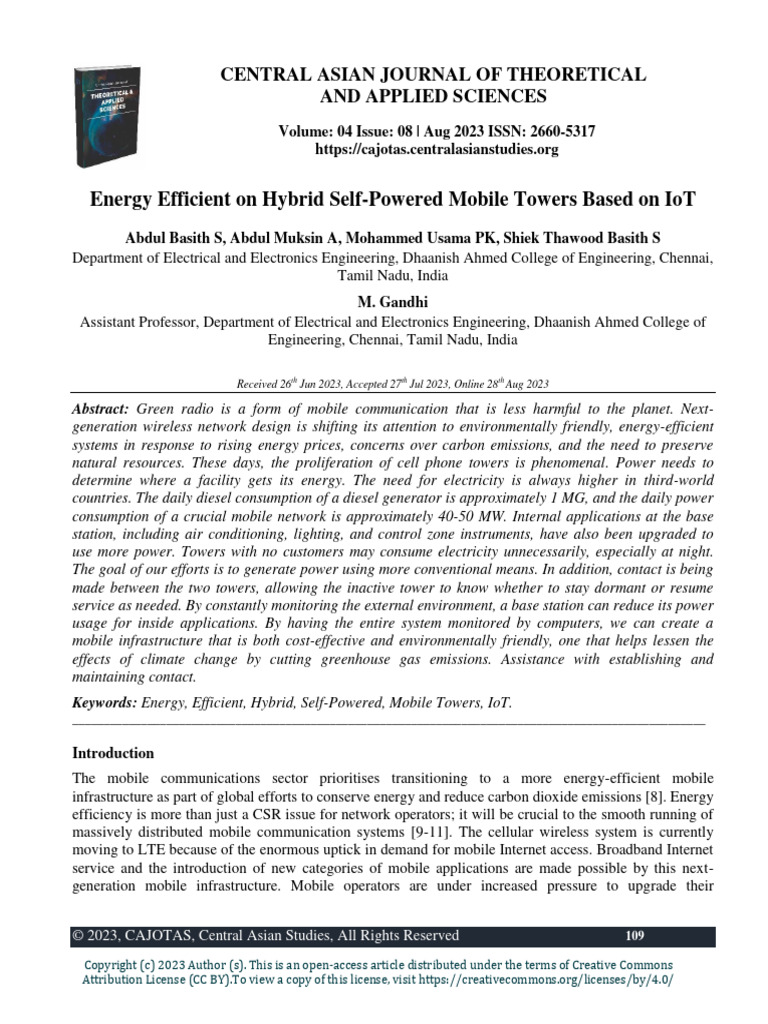 Energy Efficient On Hybrid Self Powered Mobile Towers Based On Iot
