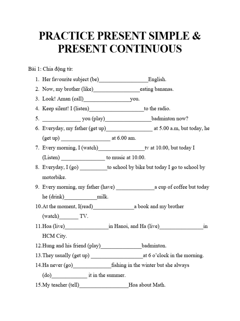 Present Simple and Continuous Practice | PDF | Food And Drink