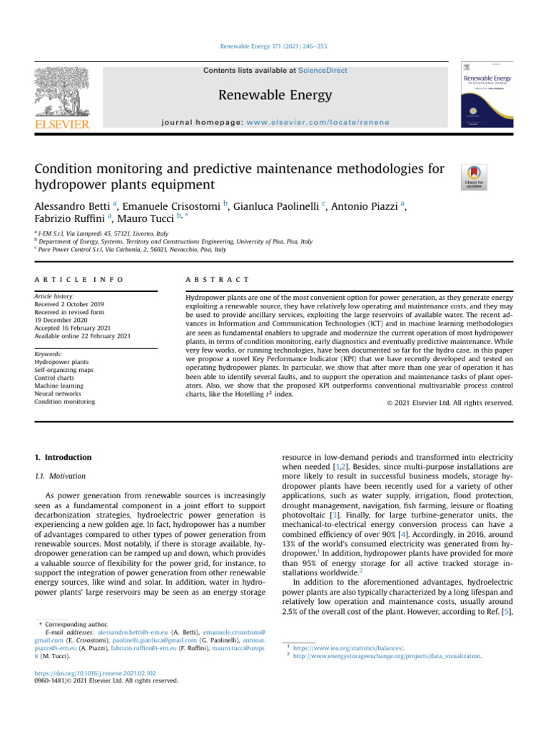 Condition monitoring and predictive maintenance methodologies for hydropower plants equipment ...
