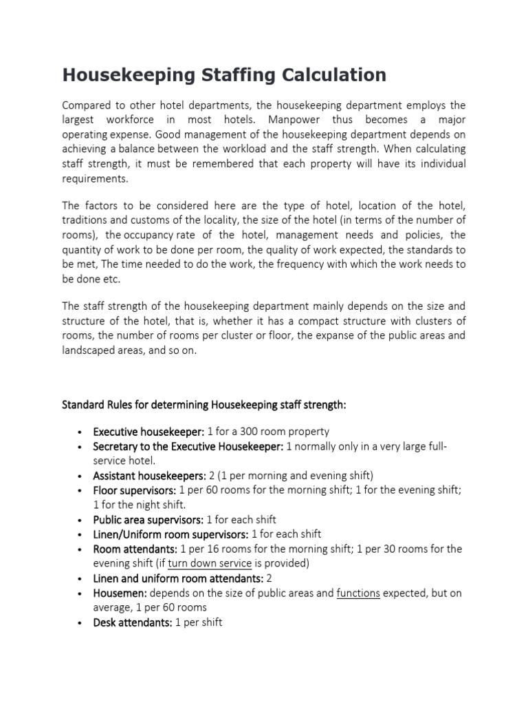 Housekeeping Staffing Calculation Guide | PDF | Business | Technology ...