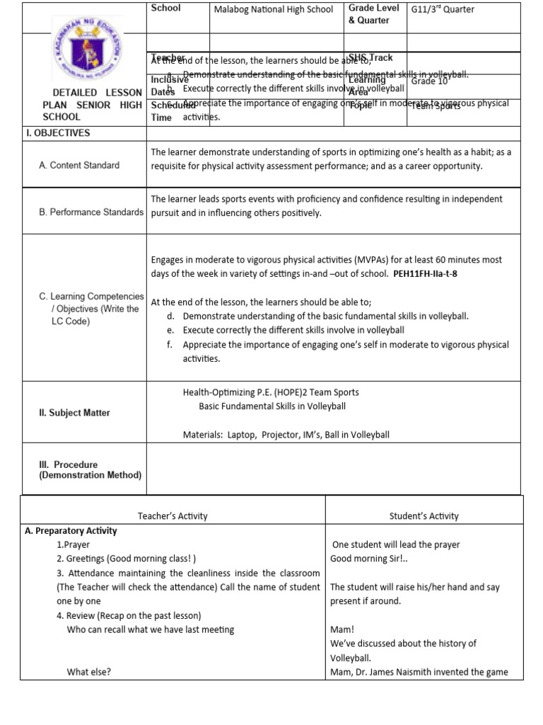 DETAILED LESSON PLAN SHS HOPE 11 For Demo | PDF | Volleyball | Cognition