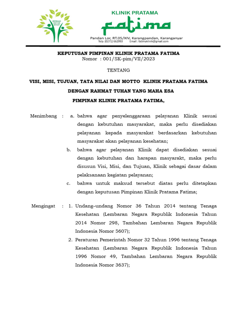 Tkk.1. Ep.1 SK Visi, Misi Tujuan, Motto Klinik | PDF