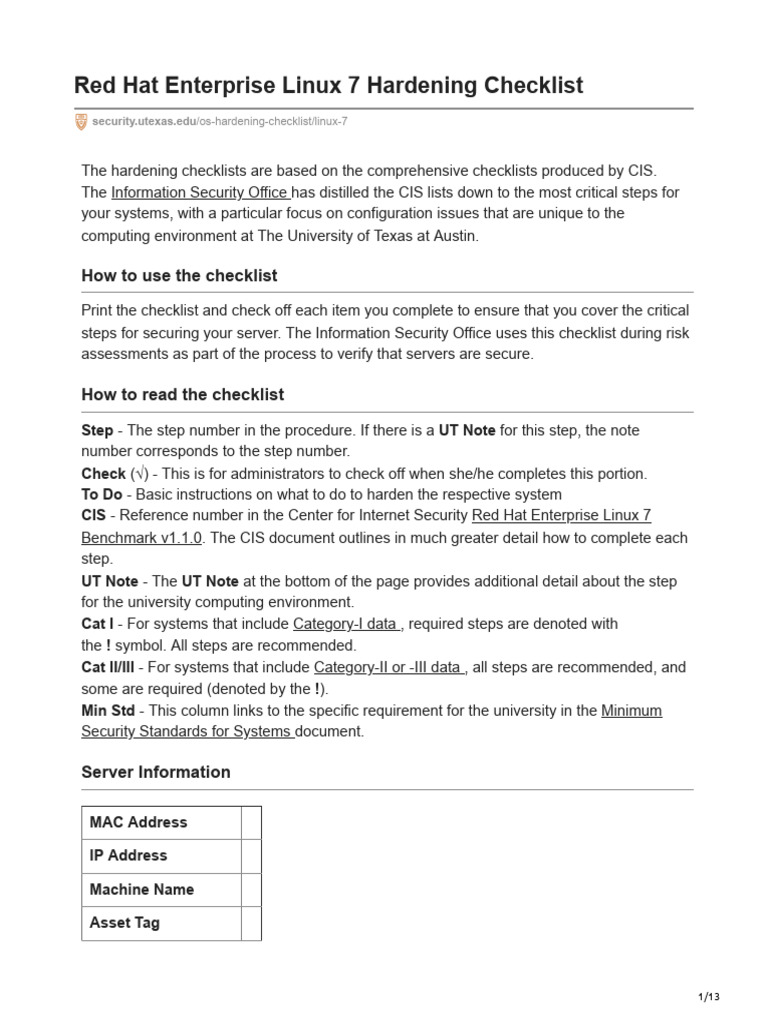 OS Hardening Checklist RHEL7 | PDF | Secure Shell | Password