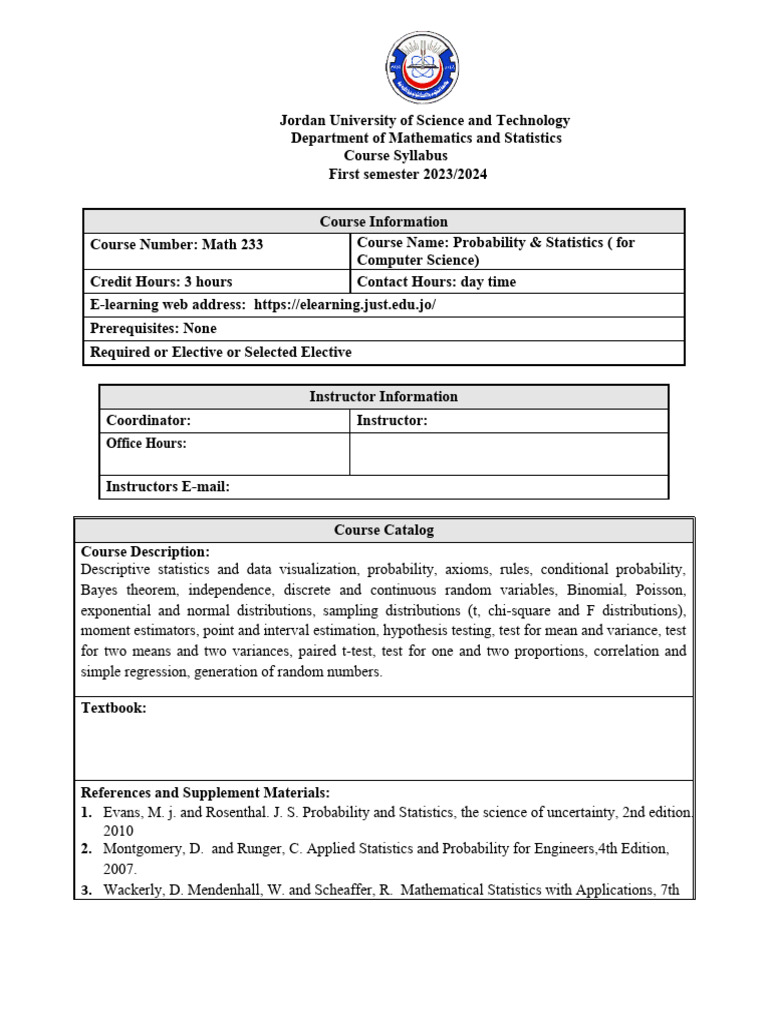 MATH 233 Syllabus-Revised | PDF | Probability Distribution | Statistics