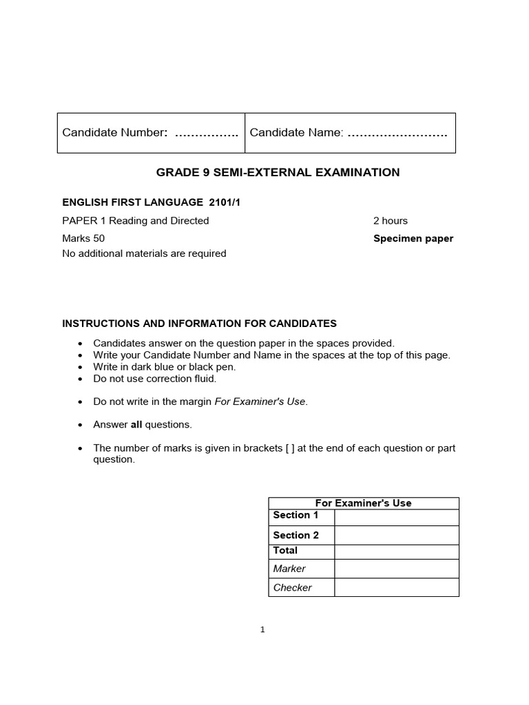 English L1 Paper 1 Specimen Paper and Mark Scheme | PDF | Sentence ...
