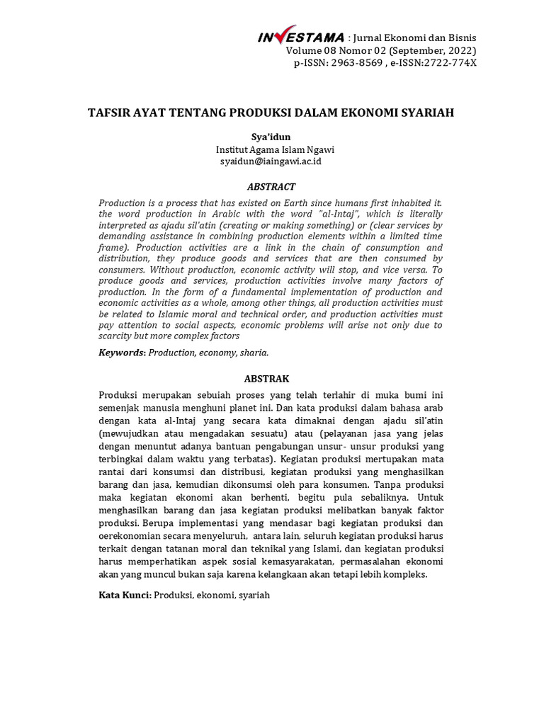 Tafsir Ayat Tentang Produksi Dalam Ekonomi Syariah | PDF Tafsir Ayat Tentang Produksi Dalam Ekonomi Syariah | PDF