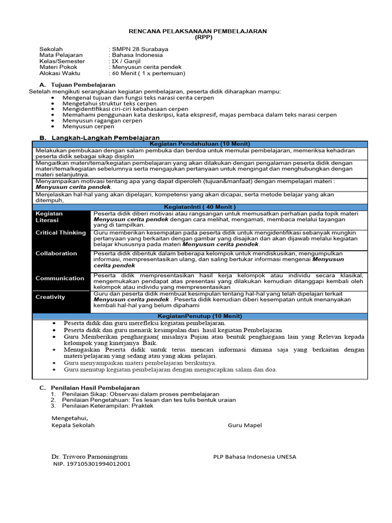 3 RPP 1 Lembar Bahasa Indonesia Kls.9 Teks Cerpen | PDF | Seni & Disiplin Bahasa | Kajian Bahasa ...