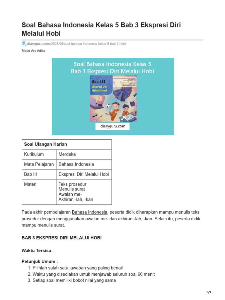 Soal Bahasa Indonesia Kelas 5 Bab 3 Ekspresi Diri Melalui Hobi | PDF