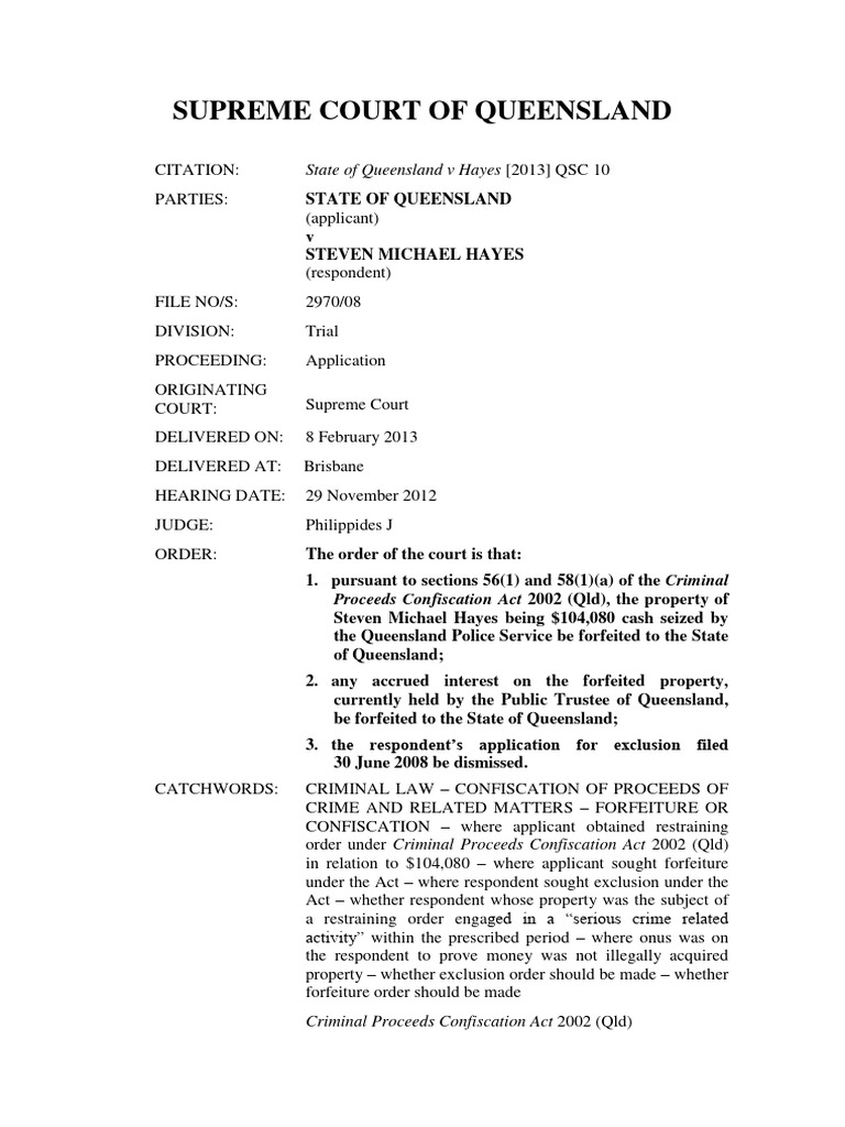 2013 QSC 10 79685 | PDF | Asset Forfeiture | Crimes