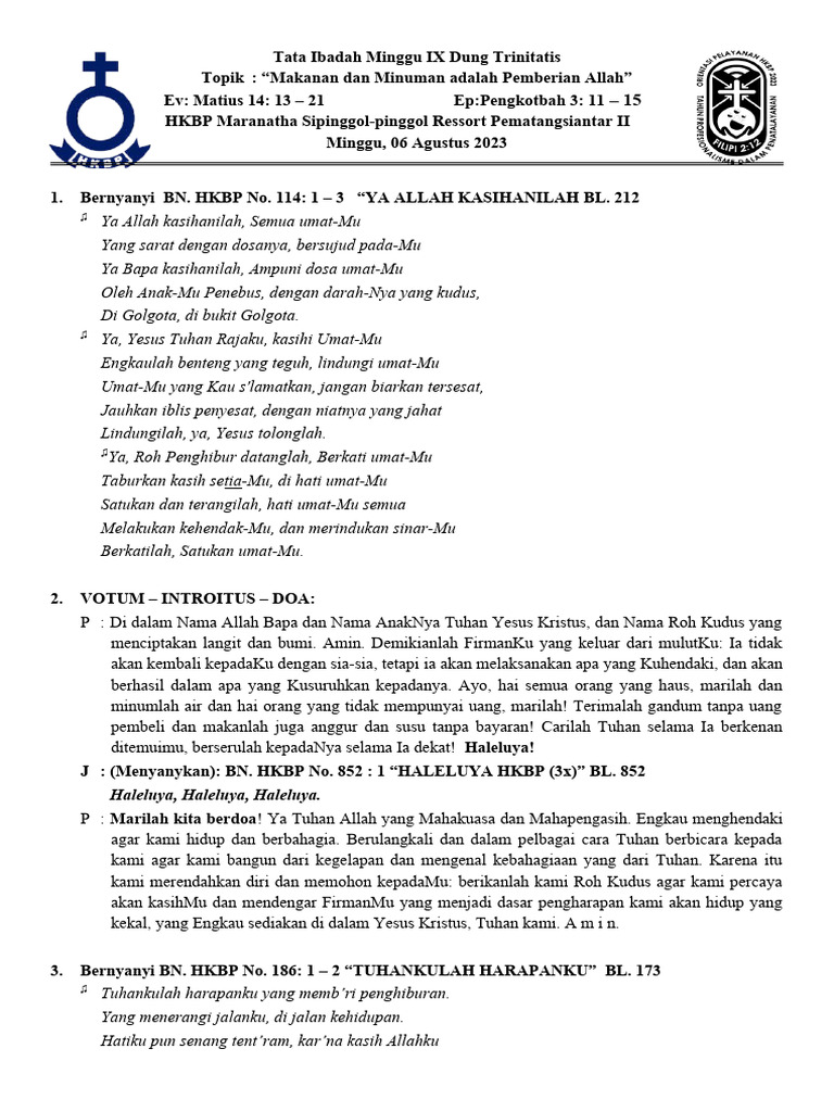 Tata Ibadah Minggu IX Trinitatis 2023 | PDF