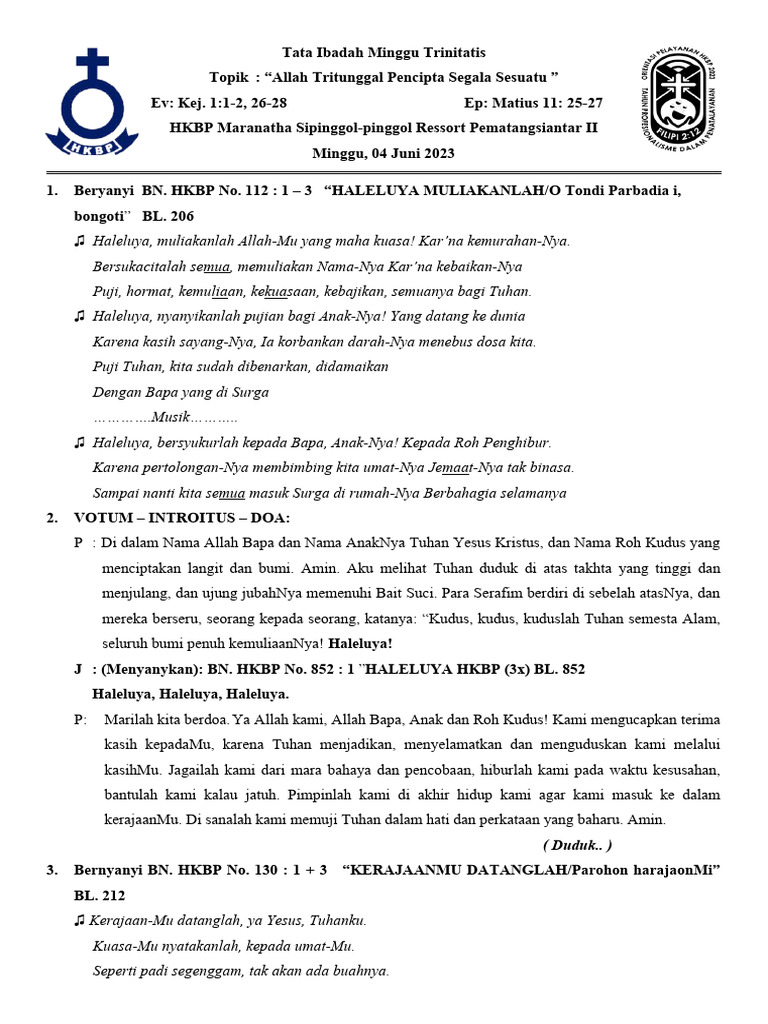 Tata Ibadah Minggu Trinitatis 2023 | PDF