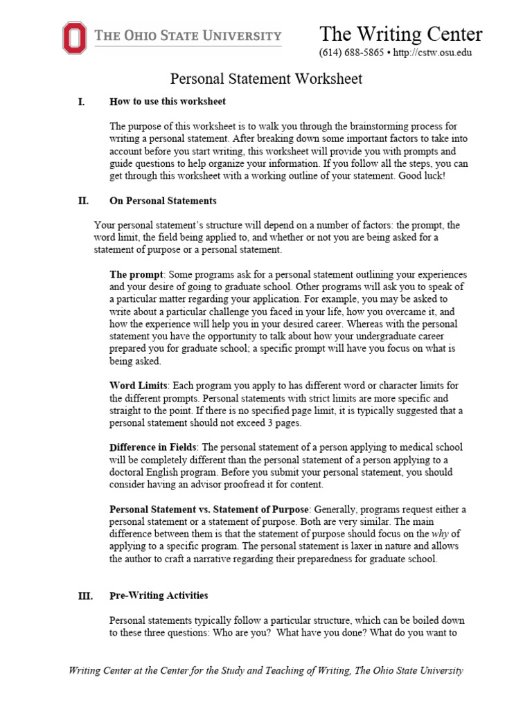 Personal Statement Worksheet | PDF | Brainstorming | Worksheet