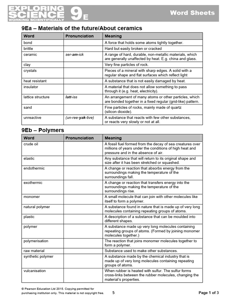 9E Word Sheets | PDF | Chemical Reactions | Oxide