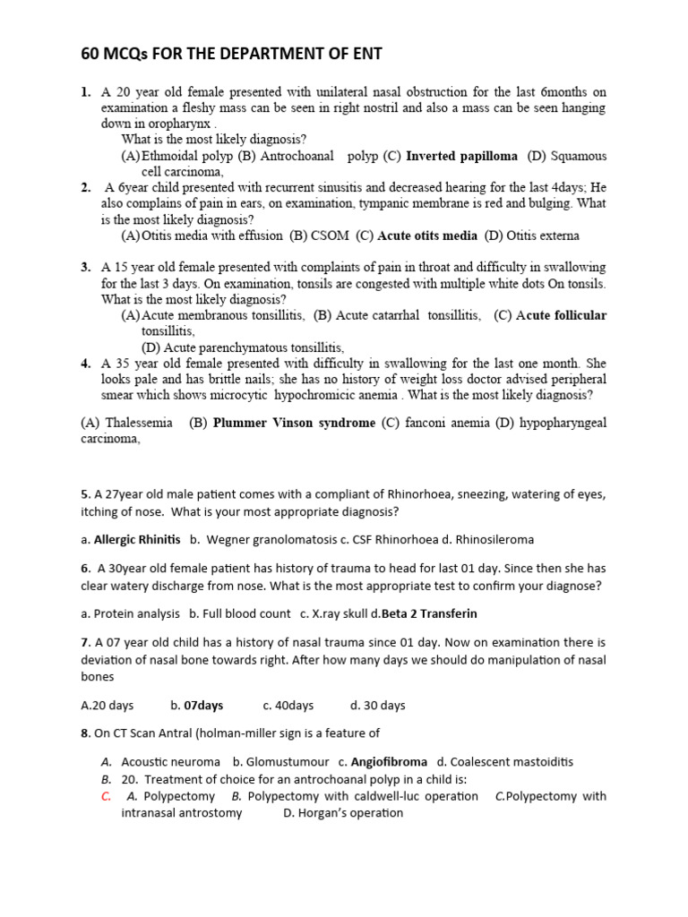 MCQS New 60 Ent | PDF | Medicine | Diseases And Disorders