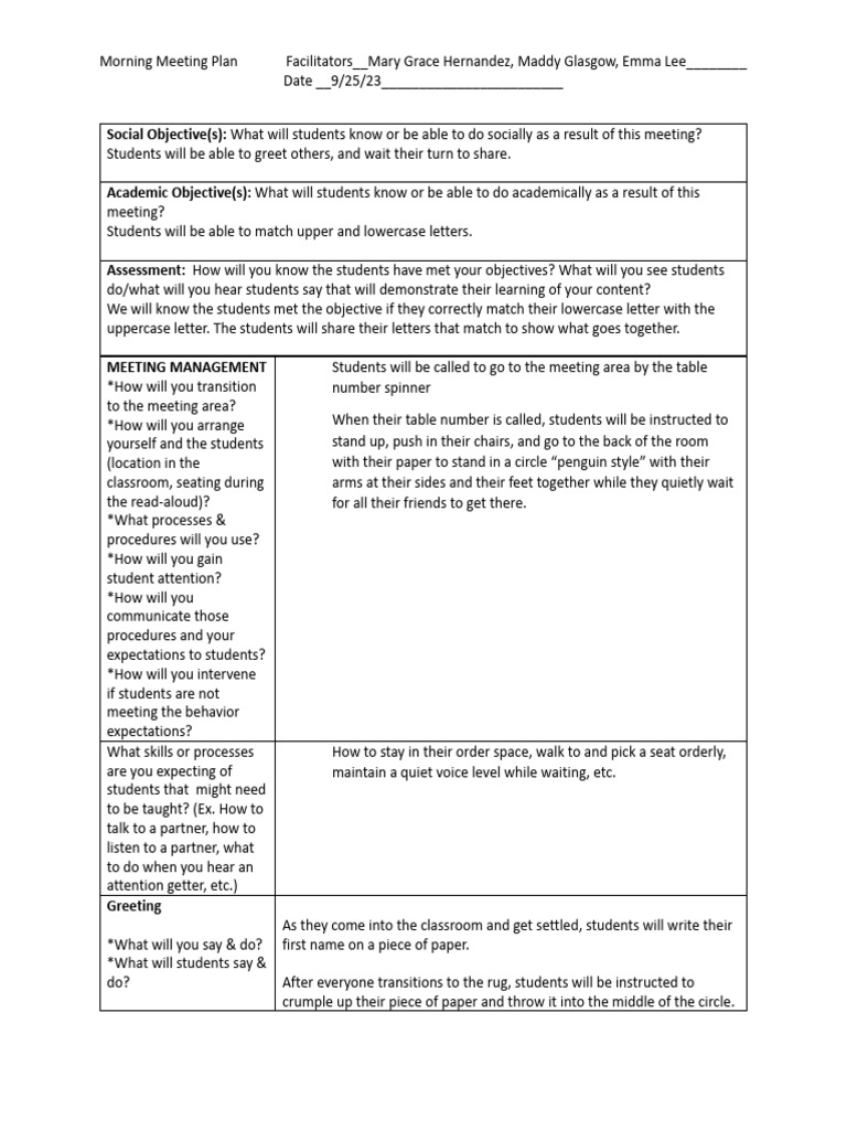 Morning Meeting Planning Template | PDF | Letter Case | Communication