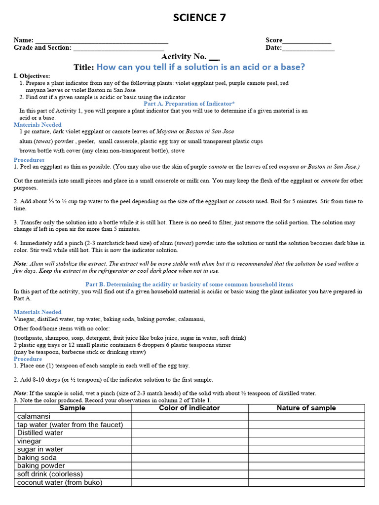 Science 7 Activity Sheet 2023 2024 | Download Free PDF | Water | Vinegar