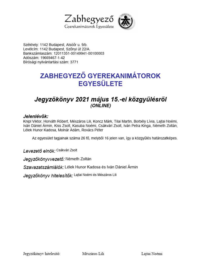 Zabhegyező GYAE Közgyűlés Jegyzőkönyv 2021 05 15 | PDF