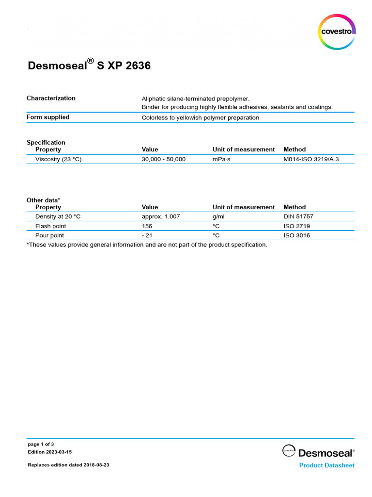 Desmoseal S XP 2636 - en - 06366759 00002403 00056640 | PDF | Viscosity ...