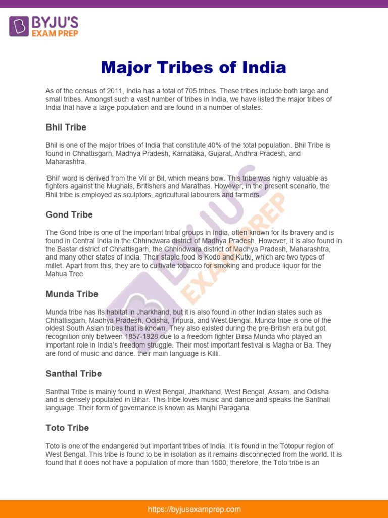 Major Indian Tribes Overview | PDF | Literacy | Social Groups Of India