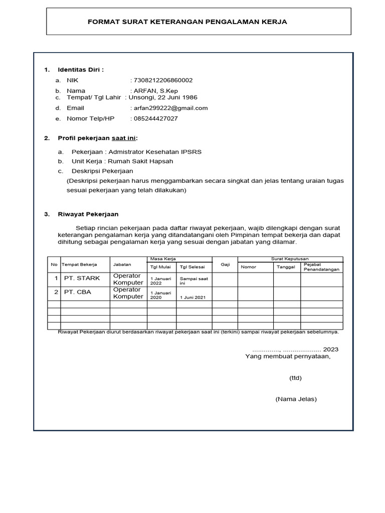 Format Surat Pengalaman Kerja | PDF