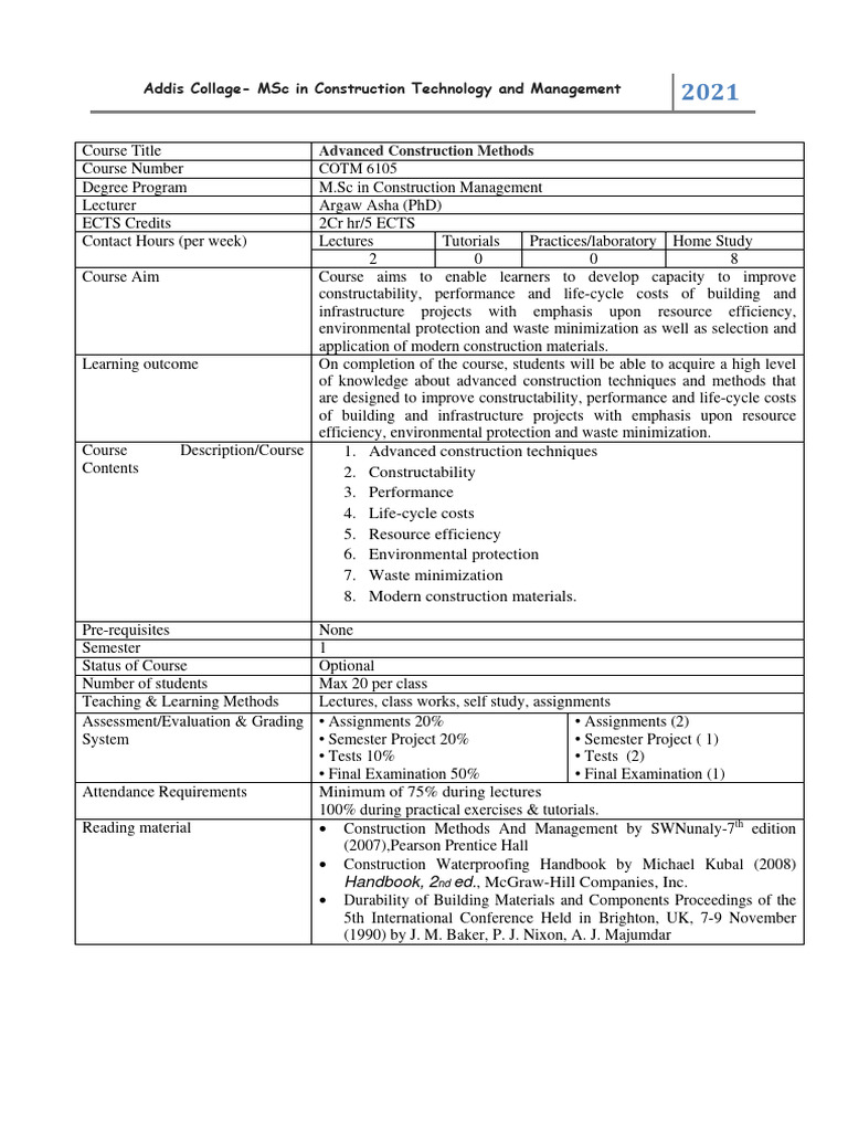 Course Title - Advanced Construction Method | PDF | Lecture | Life ...