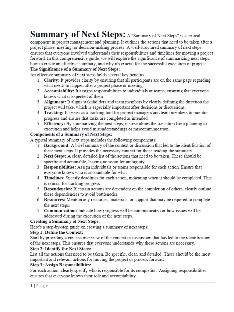 Summary of Next Steps | PDF | Project Management | Business
