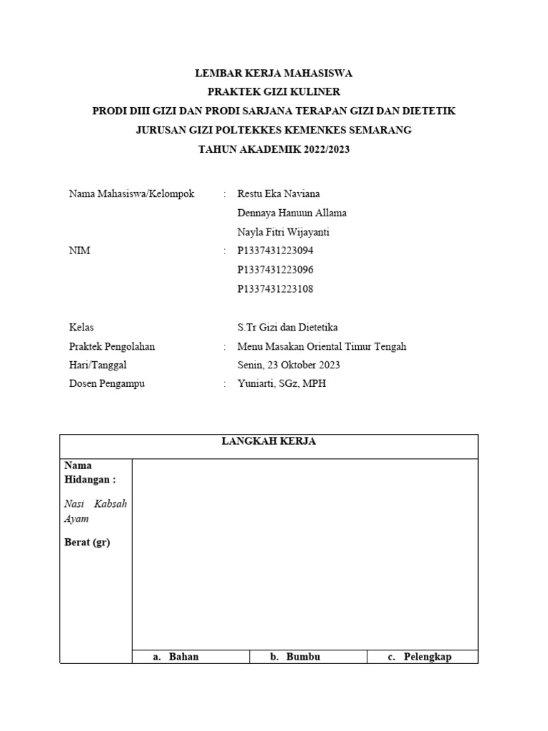 Lembar Kerja Masakan Oriental Timur Tengah-Kel. 15 | PDF