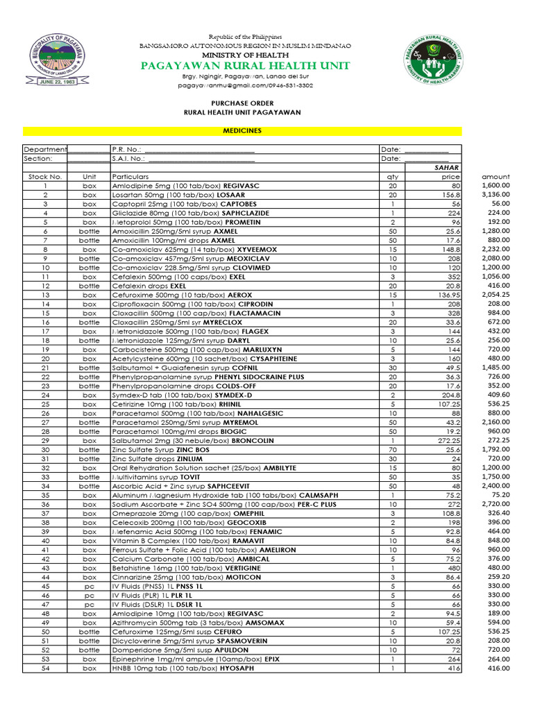 PAGAYAWAN RURAL HEALTH UNIT Purchase Order | PDF | Pharmacy | Medicine PAGAYAWAN RURAL HEALTH UNIT Purchase Order | PDF | Pharmacy | Medicine