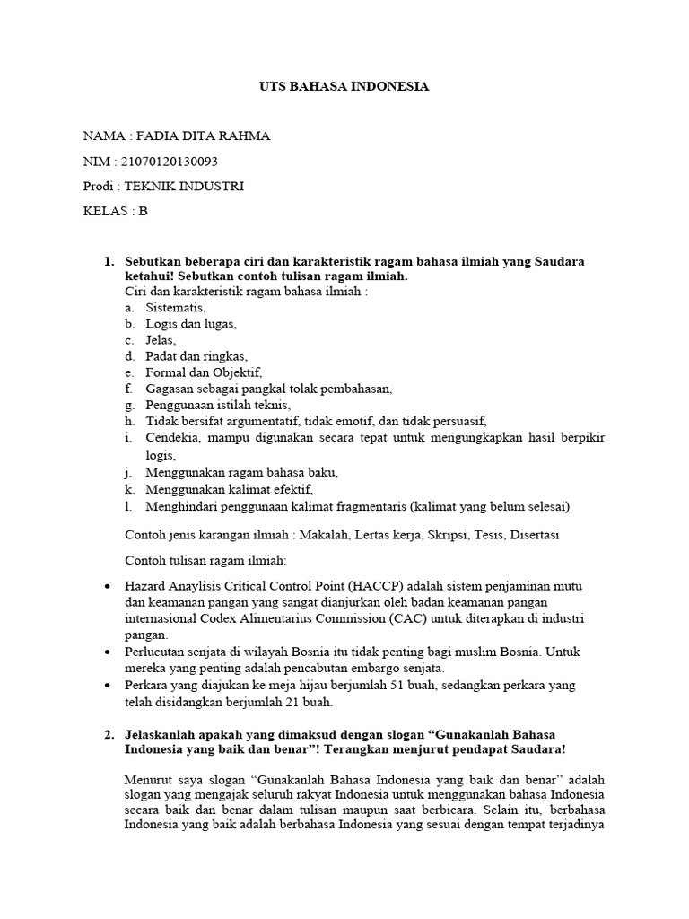 Fadia Dita Rahma - 21070120130093 - UTS Bahasa Indonesia | PDF | Kajian Bahasa Asing