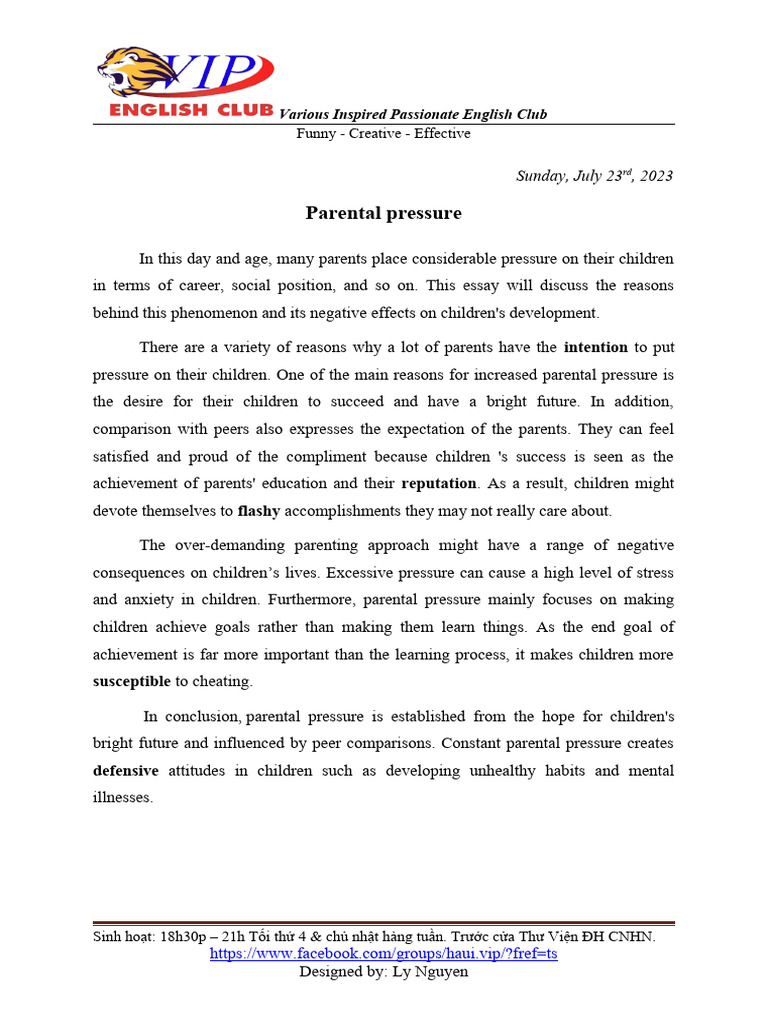 Parental-Pressure Handout | PDF | Behavior Modification | Human Development
