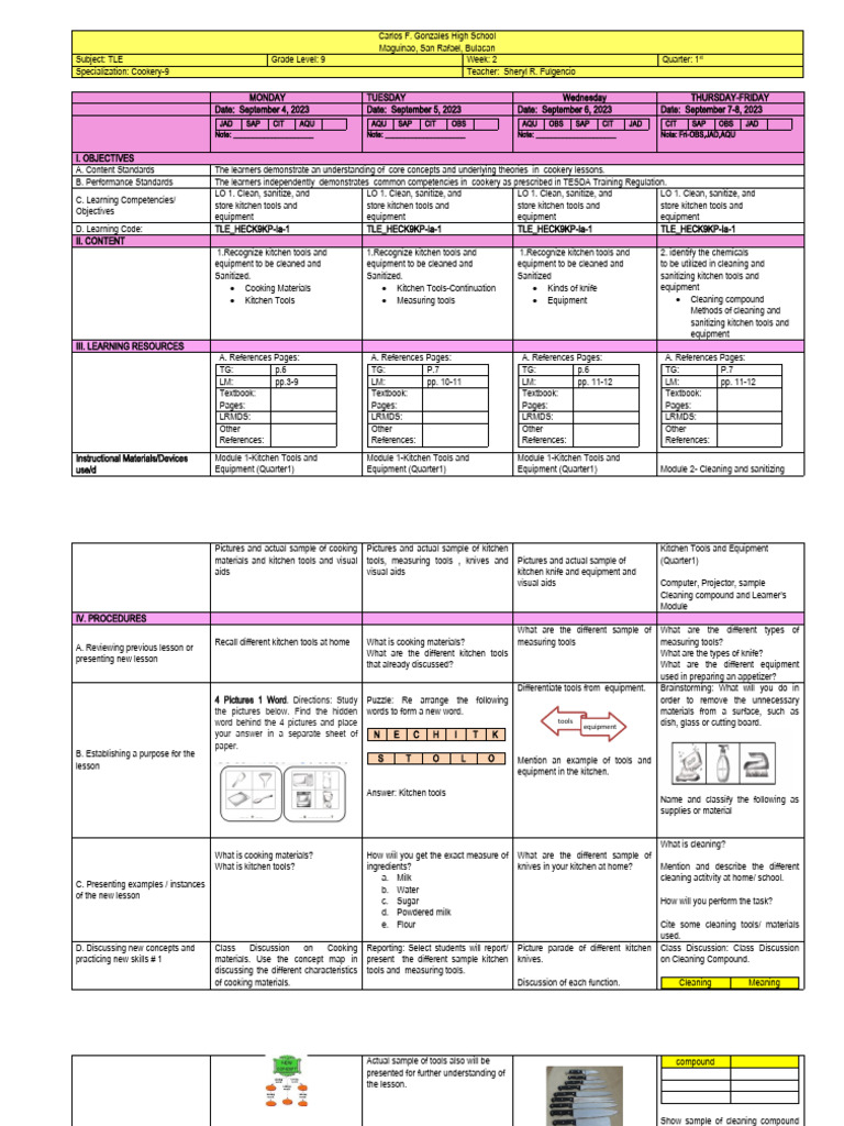 DLL q1 Wk2 Kitchen Tools and Equipment | PDF | Kitchen Utensil | Kitchen