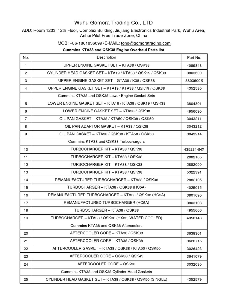 Cummins KTA38 and QSK38 Engine Overhaul Parts | PDF | Belt (Mechanical ...
