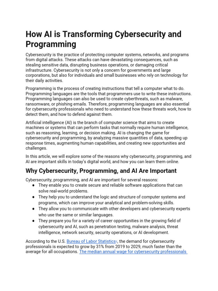 How Ai Is Transforming Cybersecurity And Programming Pdf Computer Security Security 