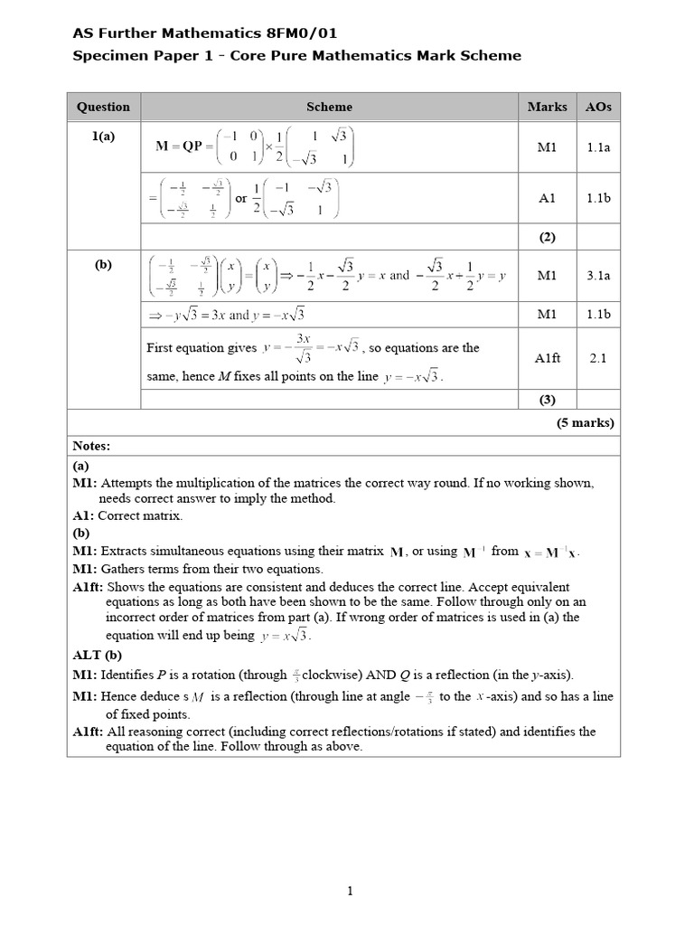 AS Further Mathematics Specimen Papers - Paper 1 Core Pure Mathematics Mark Scheme | PDF ...