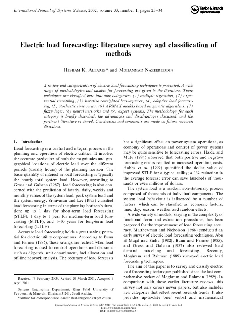 Electric Load Forecasting Literature Sur | PDF | Time Series | Forecasting Electric Load Forecasting Literature Sur | PDF | Time Series | Forecasting