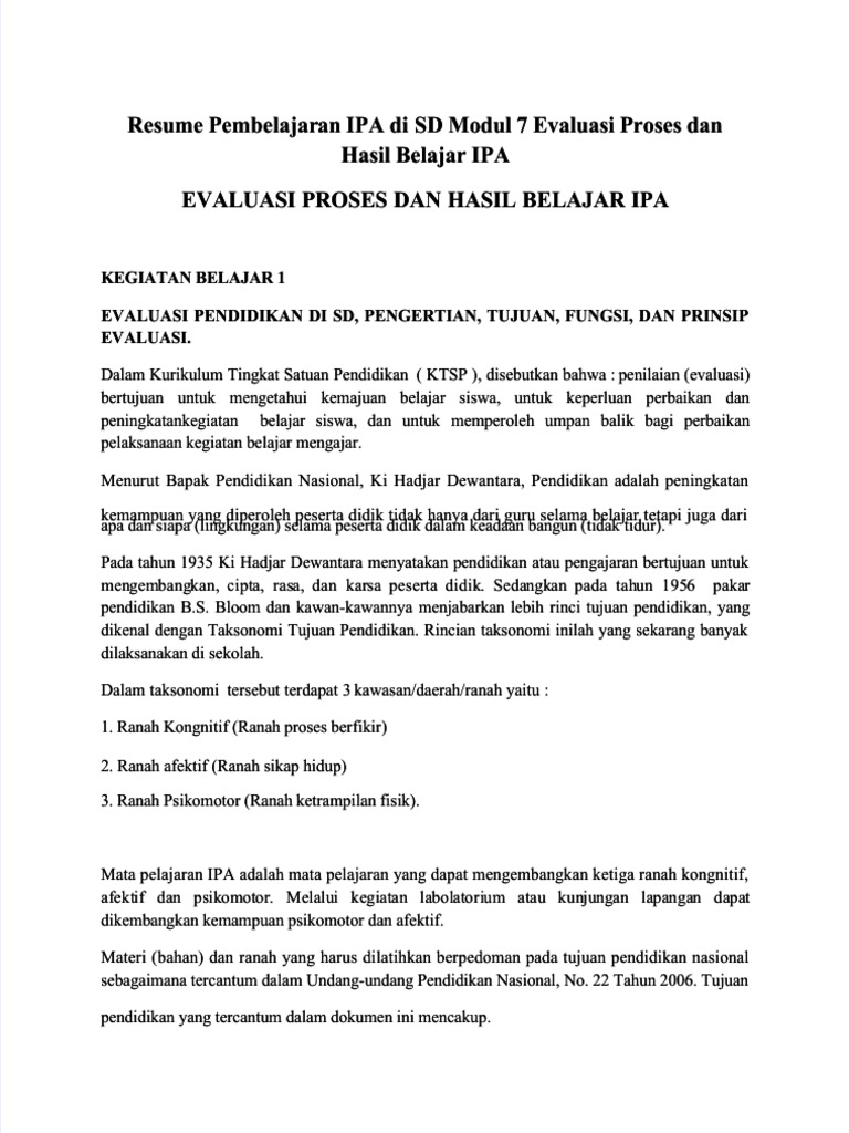 PDF Resume Pembelajaran Ipa Di SD Modul 7 Evaluasi Proses Dan Hasil Belajar Ipa - Compress | PDF
