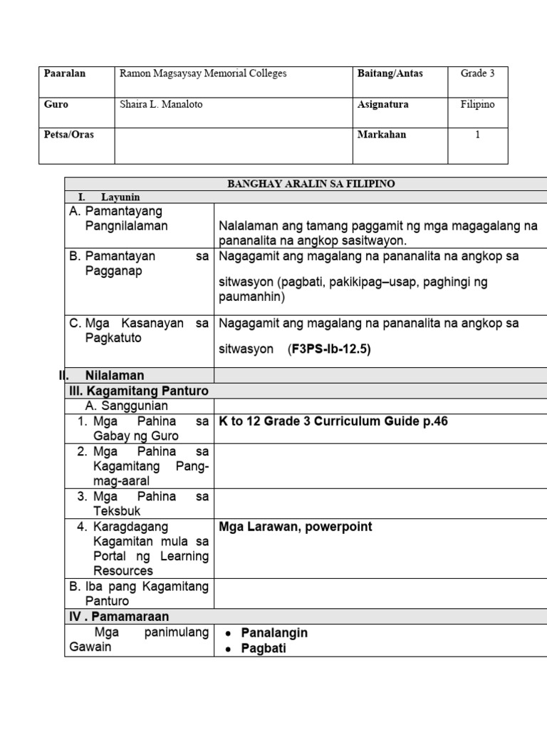 Manaloto Banghay Aralin Sa Filipino4 | PDF