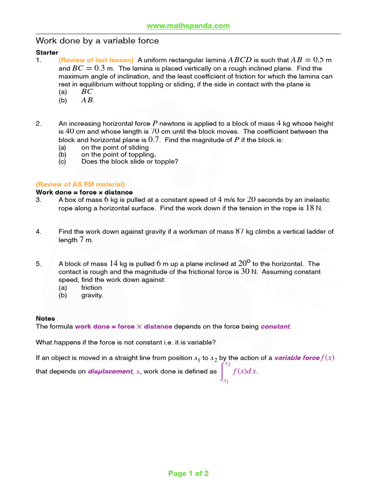 Work Done by A Variable Force LESSON | PDF | Force | Friction