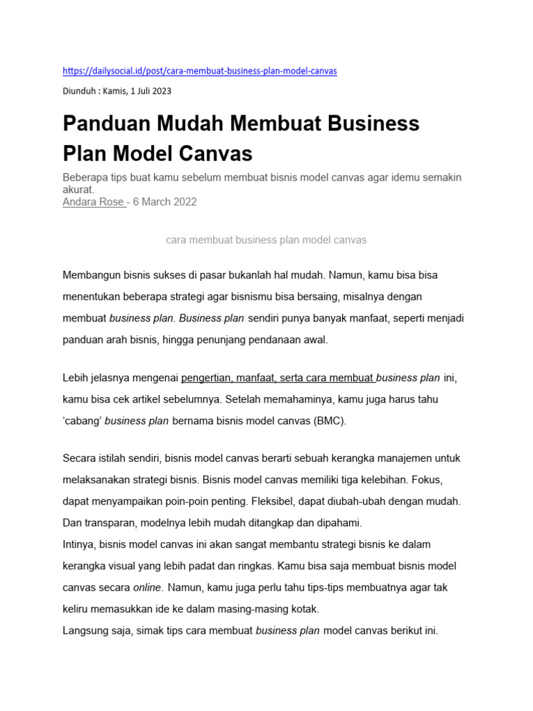 Panduan Membuat Business Plan Model Canvas | PDF