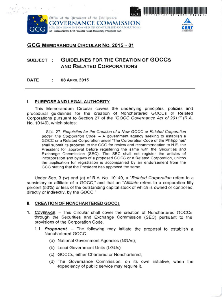 Creation of Non-Chartered GOCC | PDF | Corporations | U.S. Securities ...