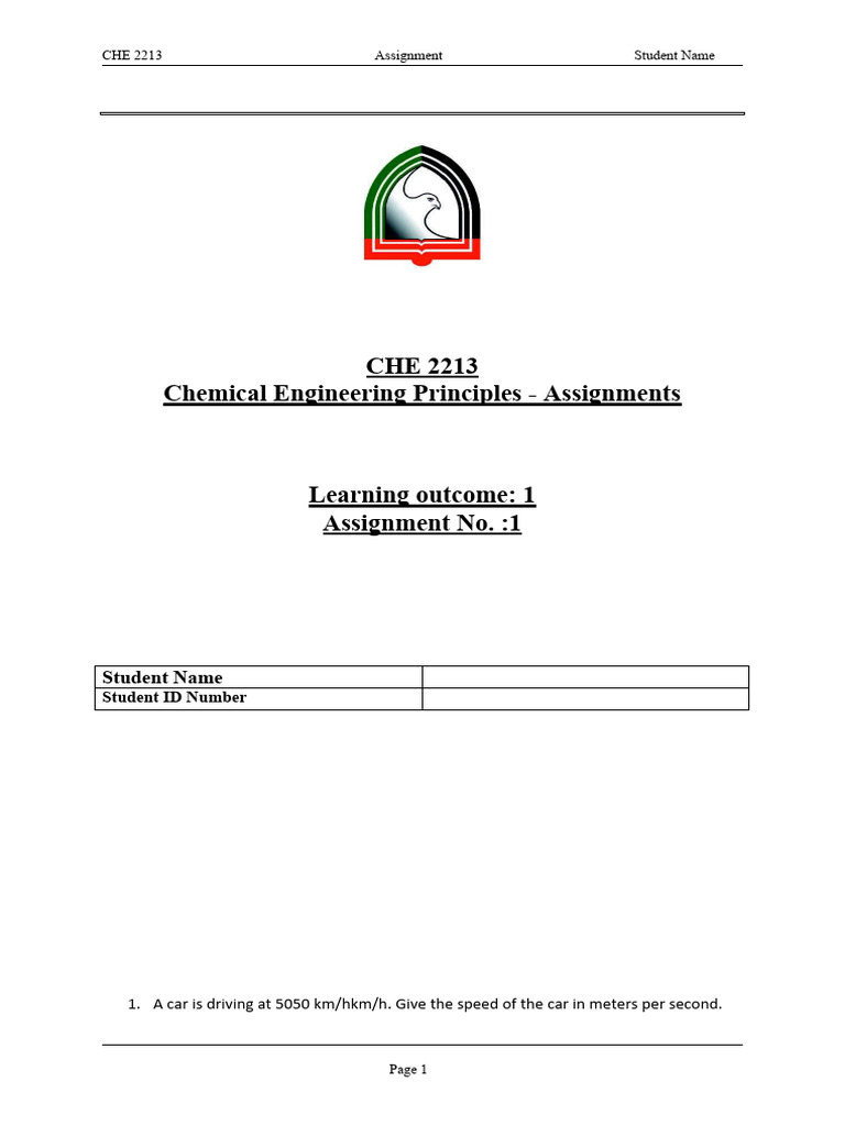 Assignment 1 - CHE 2213 | PDF
