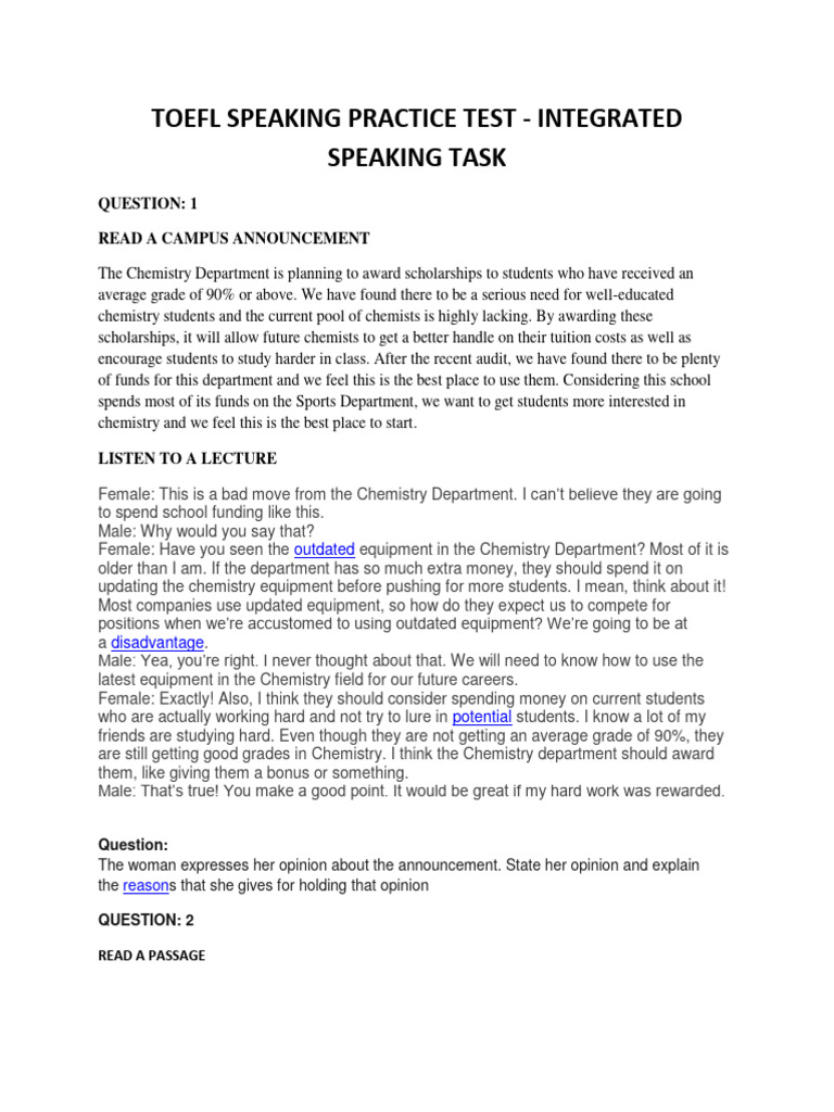 TOEFL Speaking Practice: Integrated Tasks | PDF | Experience | Choice