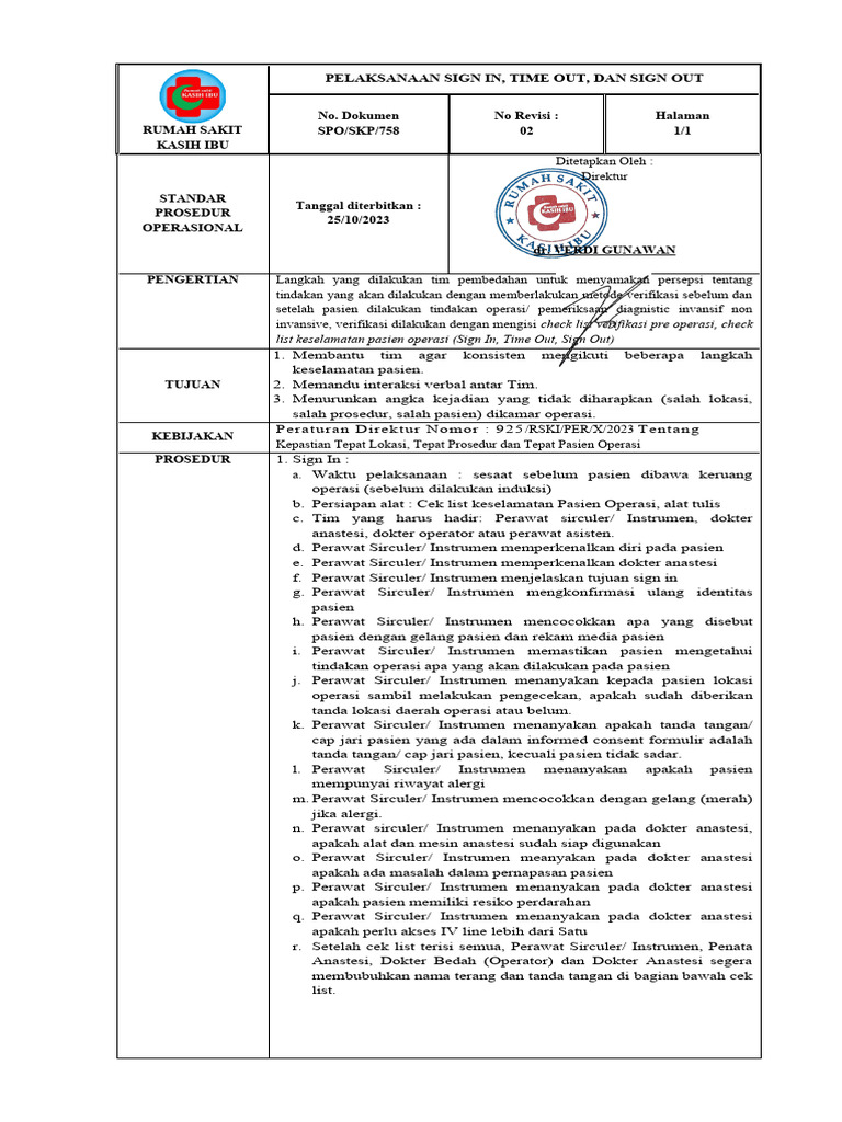 Prosedur Sign In, Time Out, Sign Out Operasi | PDF | Sains & Matematika