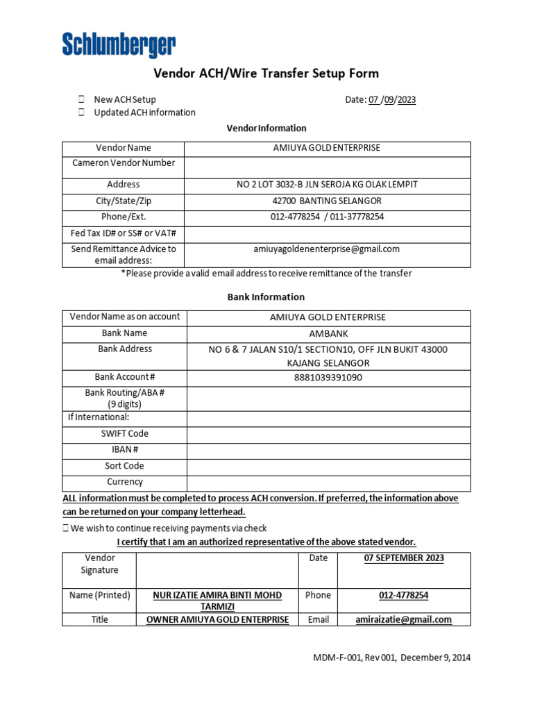 SLB - ACH - Request - Form AMIUYA GOLD | PDF