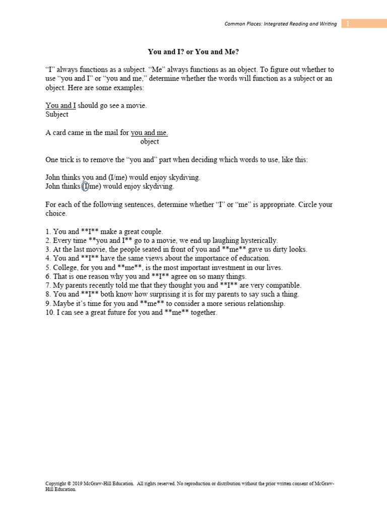 CG Grammar Unit 4 You and I or You and Me | PDF