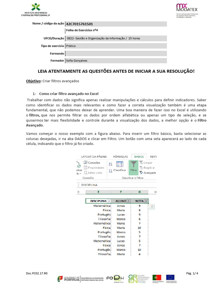 PC02.17.R0 - Folha de Exercicios Nº4 | PDF | Dados | Microsoft Excel