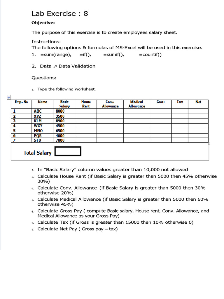 Excel Lab Exercises for Students | PDF