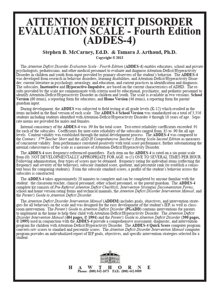 Attention Deficit Disorder EVALUATION SCALE - Fourth Edition (ADDES-4) | PDF | Attention Deficit ...