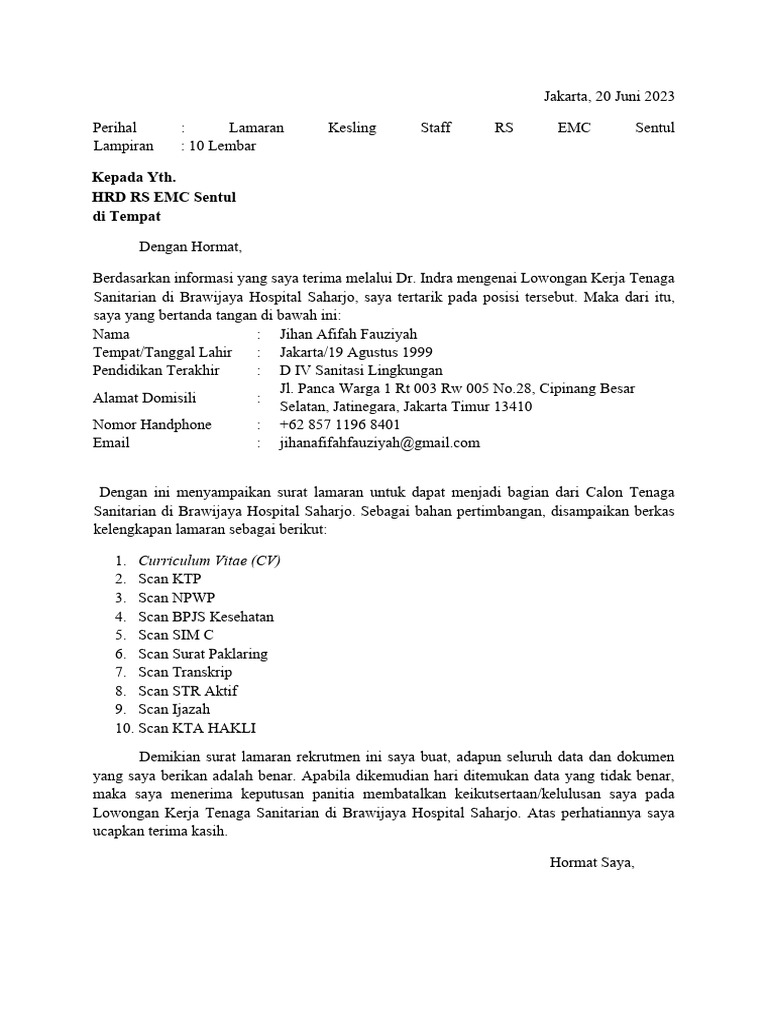 Kepada Yth. HRD Rs Emc Sentul Di Tempat | PDF