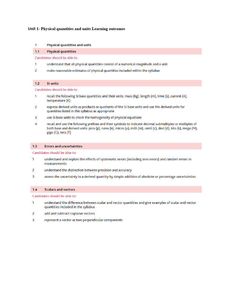 Unit 1 - Physical Quantities and Units Learning Outcomes | PDF